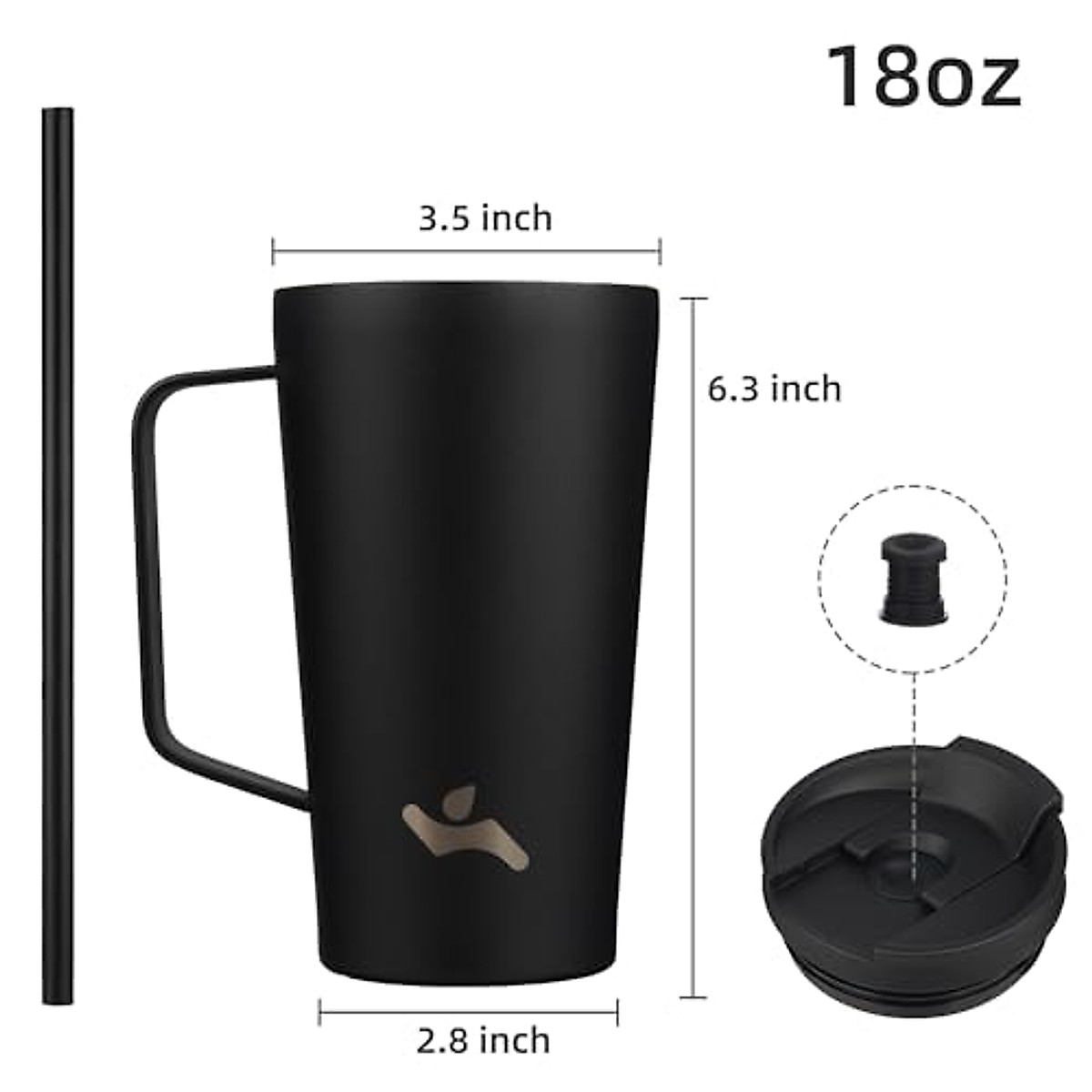 Insulated Tumbler with Handle and Straw, 18 OZ Travel Coffee Mug Stainless Steel Cup Metal Water Bottle,Black