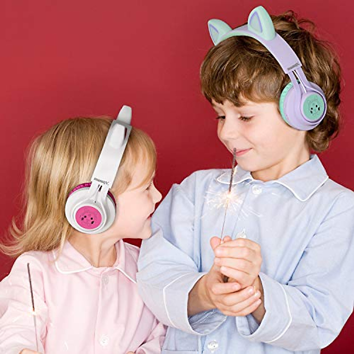 Riwbox Kids Headphones, CT-7S Cat Ear Bluetooth Headphones 85dB Volume Limiting,LED Light Up Kids Wireless Headphones Over Ear with Microphone for Laptop/PC/TV (Purple&Green)