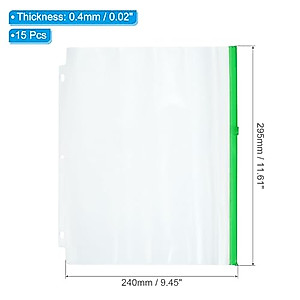 PATIKIL A4 Binder Pocket, 15 Pack PVC Letter Size Zipper 3 Holes Binder Pouch Folders Document Waterproof Filing Storage Loose Leaf Bags for 3-Ring Notebook Binder, Green