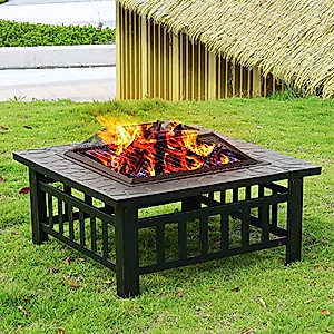 Vnewone 32'' Outdoor Fire Pit Metal Square Firepit Patio Stove Wood Burning for Backyard Garden Camping Picnic Bonfire with Spark Screen Cover, Log Grate, Poker,32" L32 W 14”, Black