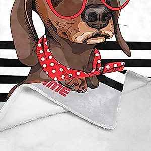 CUXWEOT Custom Blanket with Name Text,Personalized Dachshund Dog in a Red Sunglasses Super Soft Fleece Throw Blanket for Couch Sofa Bed (50 X 60 inches)