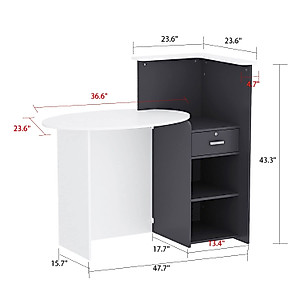 DiDuGo Reception Counter Desk Retail Front Reception Desk for Checkout, Round Desktop, Open Shelves, Lockable Drawer, for Salon White and Dark Grey