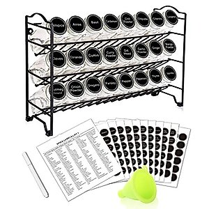 SWOMMOLY Spice Rack Organizer with 24 Empty Square Spice Jars, 396 Spice Labels with Chalk Marker and Funnel Complete Set, for Countertop, Cabinet or Wall Mount, Black
