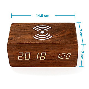 OCT17 Alarm Clock with Qi Wireless Charging Pad Compatible with iPhone Samsung Wood LED Digital Clock Sound Control Function, Time Date, Temperature Display for Bedroom Office Home- Brown