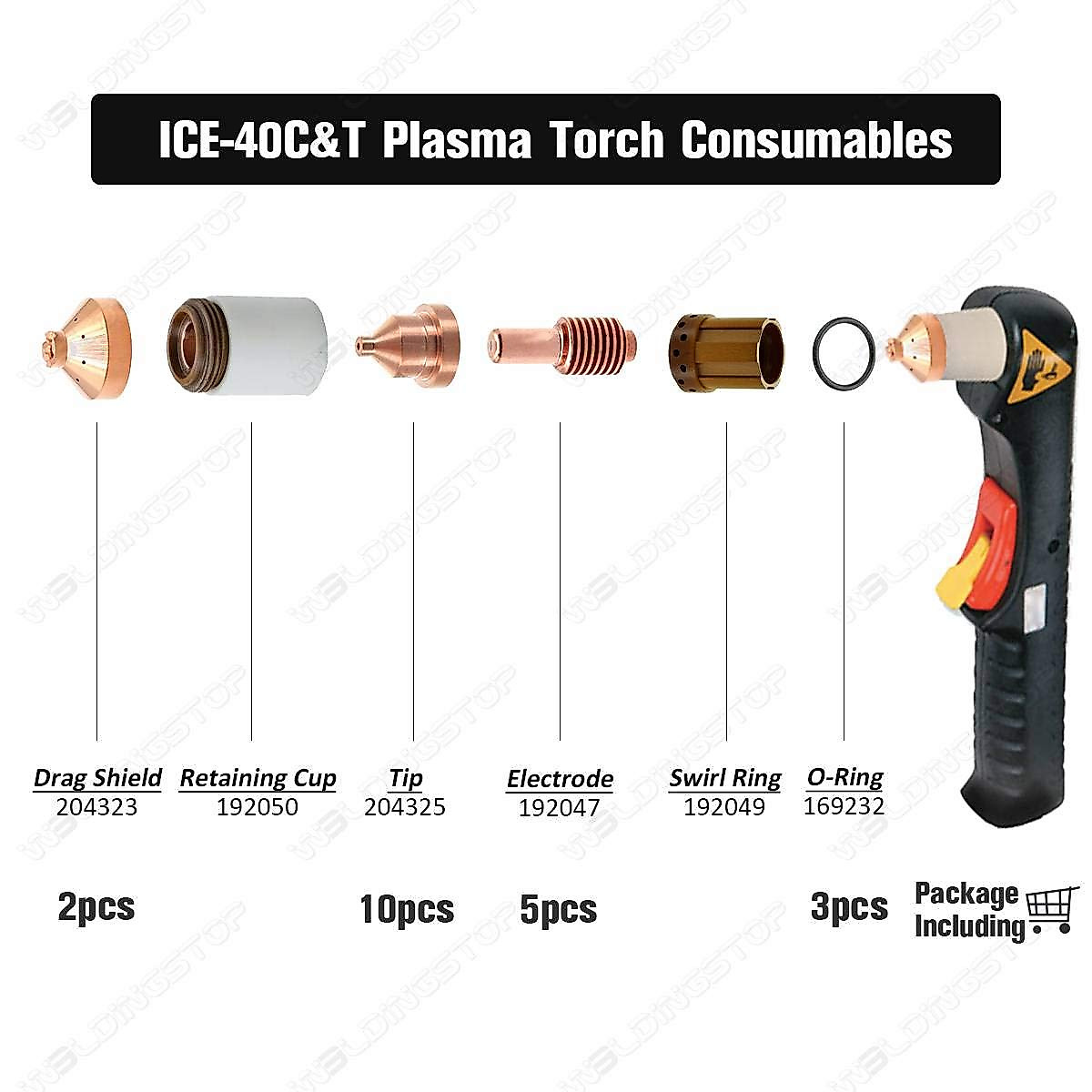 WeldingStop ICE-40T /TM 192047 Electrode 204325 Tip Nozzle 204323 Shield Cap 169232 O-Ring 20pcs NOT Miller Original Parts