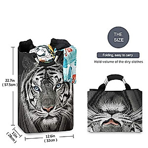 Kaariok White Tiger Animal Black Laundry Hamper with Handles Waterproof Collapsible Storage Basket Large Dirty Clothes Bin for Laundry Room, 22.7 Inches