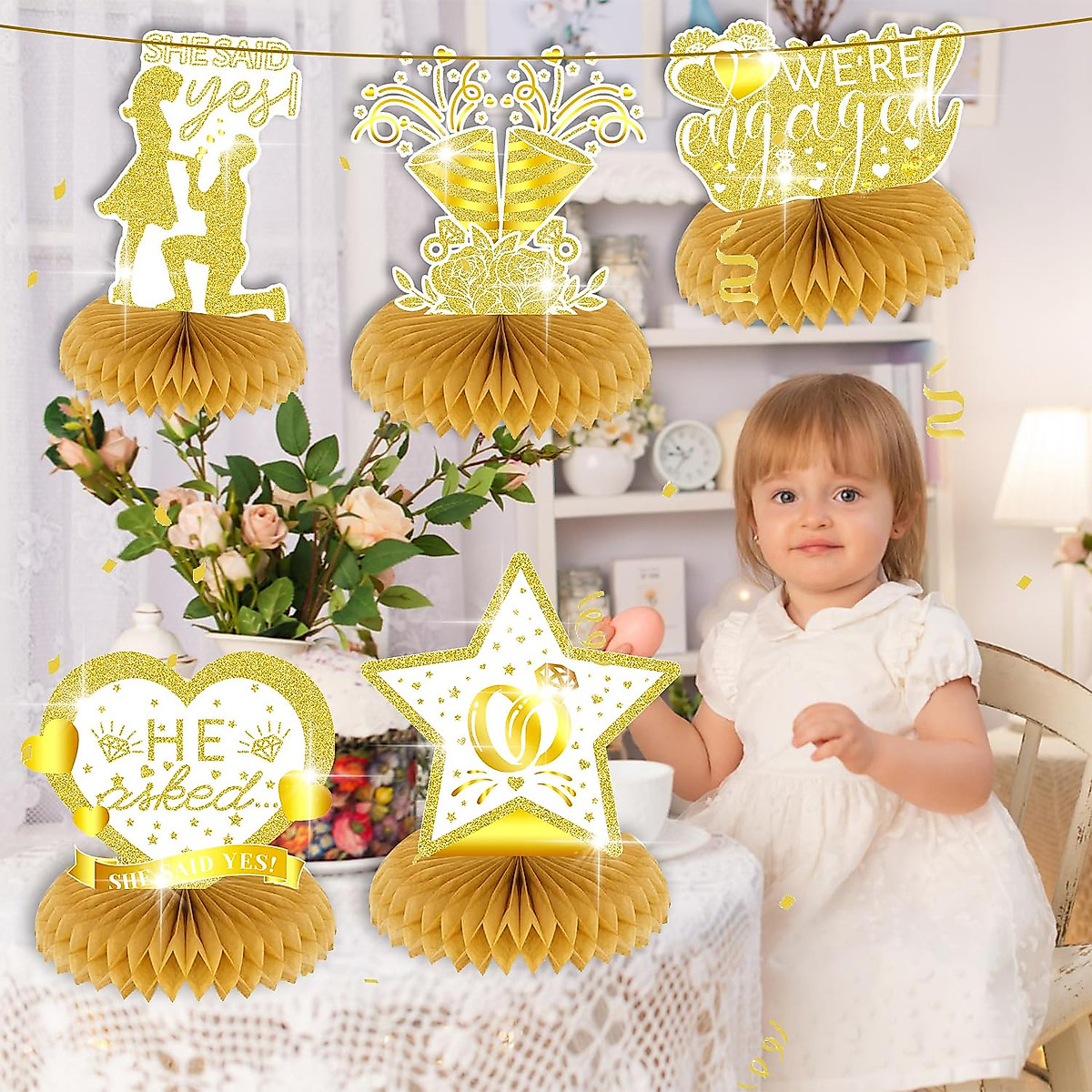 8Pcs Engagement Centerpieces Table Decorations, Gold White Engagement Party Decorations, Golden He Asked, She Said Yes Honeycomb Centerpiece for Bridal Shower Engagement, Wedding Party Decoration