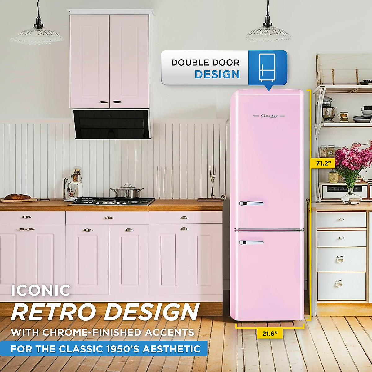 Unique Appliances UGP-275L BP AC Classic Retro Refrigerator 9 cu./ft. Electric Bottom-Mount Fridge, Metal, Sliding Non-Reversible Doors, Ideal for Fresh and Frozen Foods, Bubblegum Pink