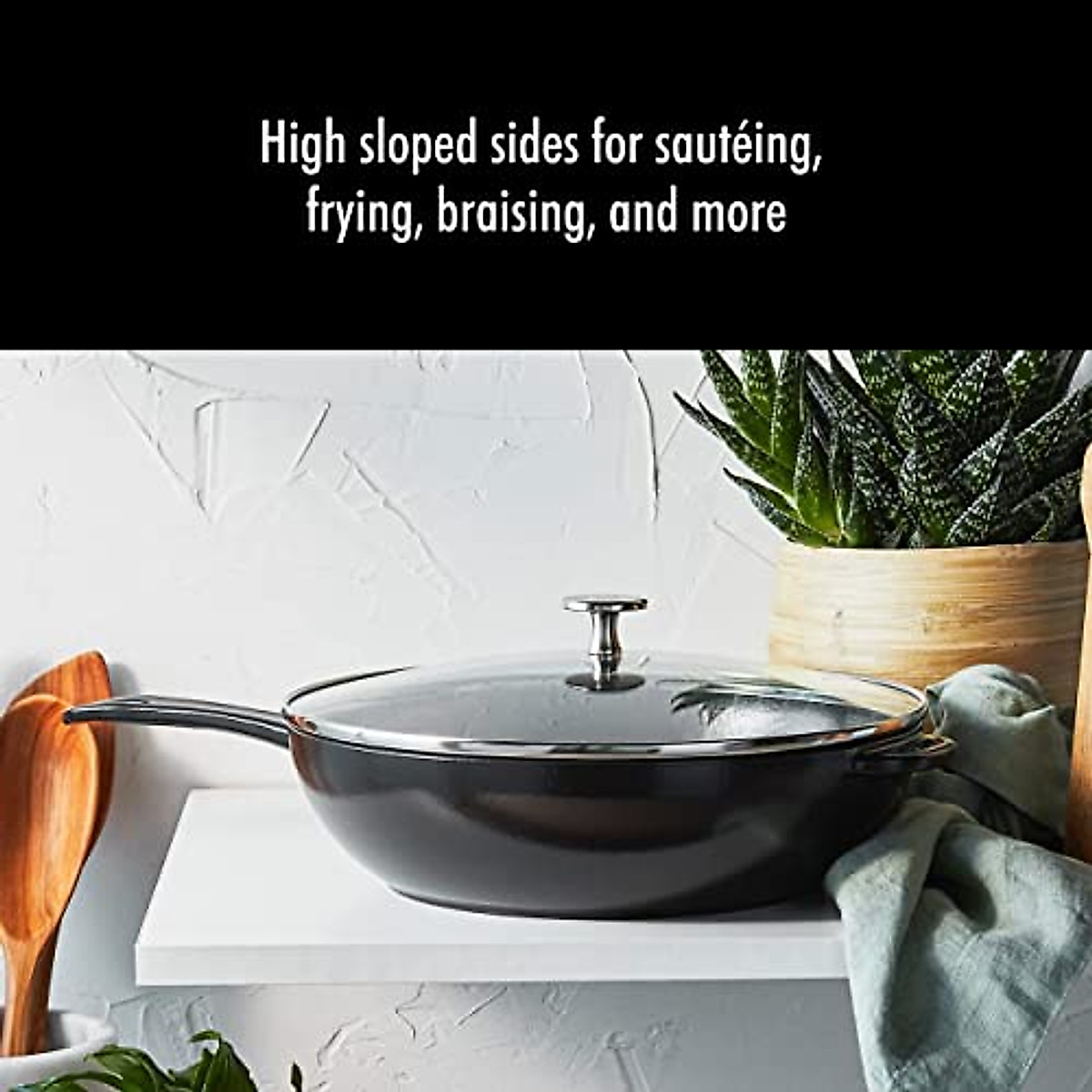 STAUB Cast Iron Pan with Lid 10-inch, 2.9 Quart Serves 2-3, Fry Pan, Cast Iron Skillet, Wok, Made in France, Matte Black