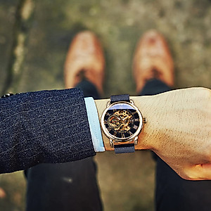 FORSINING Steampunk Watches for Men Hand Wind Watches Retro Design Staem Punk Mechanical Skeleton Wrist Watch Transparent Business Mesh Band Watch (Golden-Black)