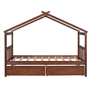 Twin Size House Bed with 2 Storage Drawers Wooden Kids Montessori House Bed Frame Wood Playhouse Tent Bed for Girls Boys Teens, Walnut