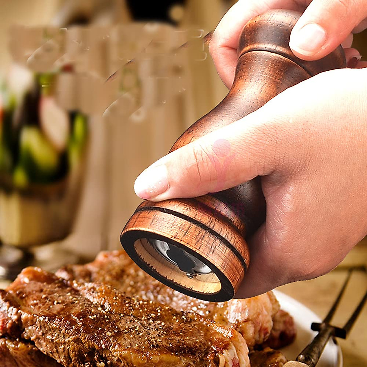 1PC Wooden Pepper Grinder Mill 5 Inch Salt and Pepper Shaker Wooden Salt Grinder Pepper Mill Shakers Refillable with Strong Adjustable Coarseness Ceramic Rotor