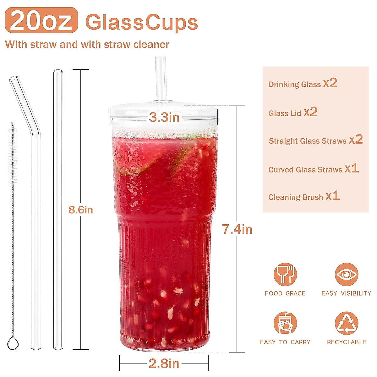 GOSCHE Glass Cups with Straws and Lids 2Pcs, 20oz Glass Cups Drinking Jar, Clear Iced Coffee Cups, Vintage Ripple Glassware for Water Coffee Tea, Clear
