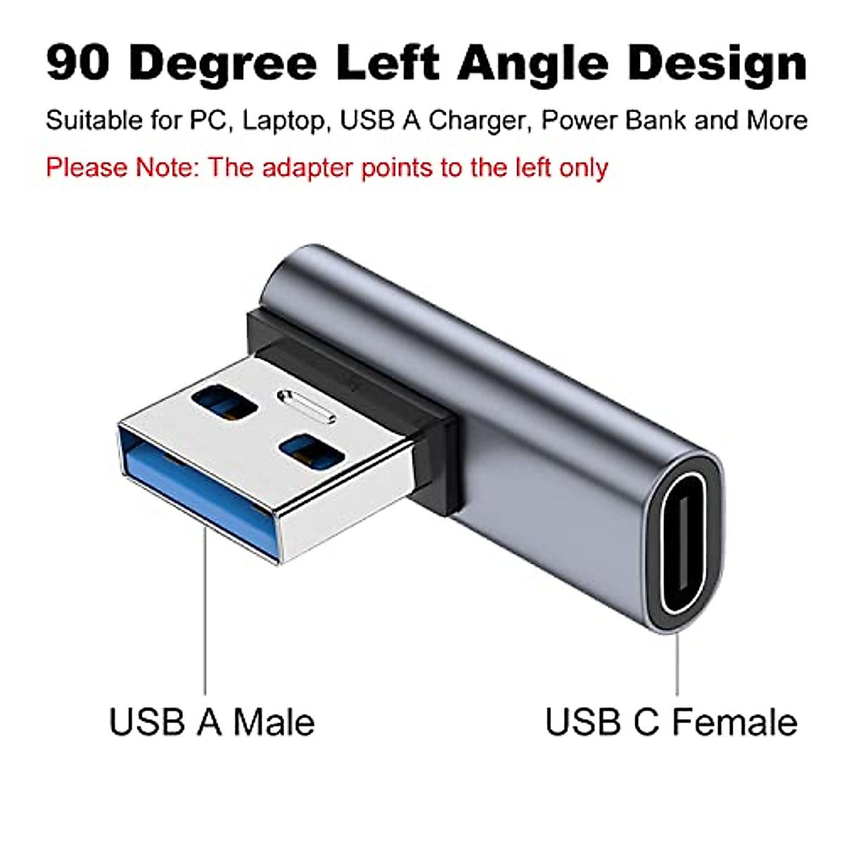 AreMe 90 Degree USB C Female to USB Male Adapter 2 Pack, Left Angle Type C to USB A Charger Converter for iPhone, Apple iWatch Watch, Airpods, iPad Air Mini and More