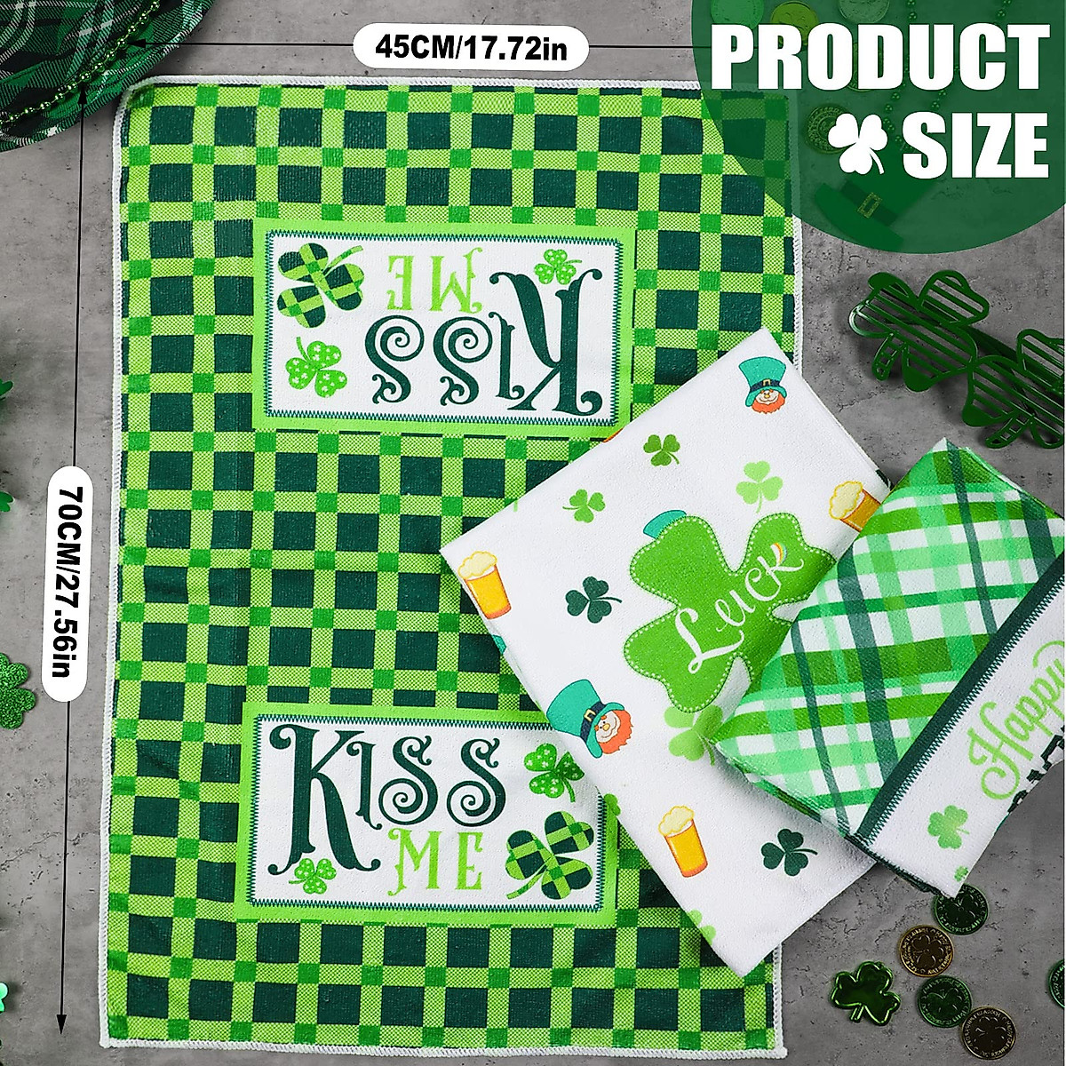 Tudomro 6 Pieces St Patrick's Day Dish Towels 27.6 x 17.7 Inch Shamrock Clover Green Plaid Kitchen Hand Dish Towels Happy St. Patrick's Day Dish Towels Fabric Wash Cloth for Home Kitchen, 6 Styles