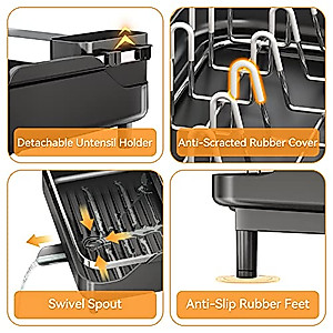 PXRACK Dish Drying Rack, Expandable(11.5"-19.3") Dish Rack for Kitchen Counter, Dish Rack and Drainboard Set, Dish Drainer with Utensil Holder for Kitchen Sink, Black
