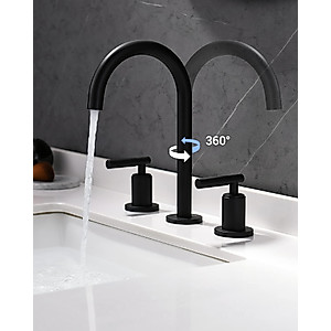 Matte Black Bathroom Faucet, Indare 360° Swivel Spout Two Handles Widespread 4 Inch 8Inch Brass Bathroom Sink Faucet 3 Hole with Pop-Up Drain and Water Supply Lines, Upgraded Style