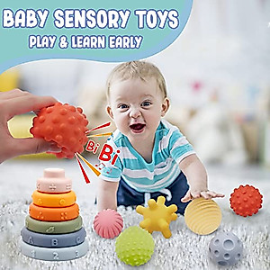Plunack Montessori Toys for Babies 6-12 Months Soft Baby Toys Set 3 in 1 Stacking Building Blocks Infant Teething Toys Sensory Balls Educational Learning Toys for Toddlers 3-6-9-12 Months Boys Girls