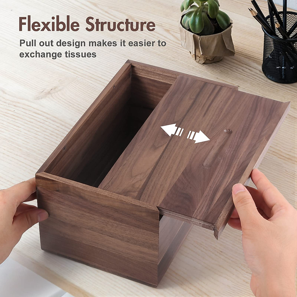 Reviaras Walnut Wood Tissue Box Cover with Slide-Out Bottom - Rectangular for Bathroom, Bedroom, Dinner Table, Office