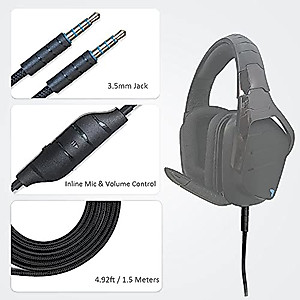 MQDITH G633 Cable Aux Cord Replacement Compatible with Logitech G633/G635/G933/G935 Gaming Headset, 3.5mm 4-pin 4.92ft Audio Cable with Inline Mic and Volume Control(4.92FT/1.5Meter, Black)