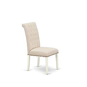 East West Furniture BOBR3-WHI-02 3 Piece Modern Dining Table Set Contains a Round Kitchen Table and 2 Light Beige Linen Fabric Parson Dining Room Chairs, 42x42 Inch, Linen White