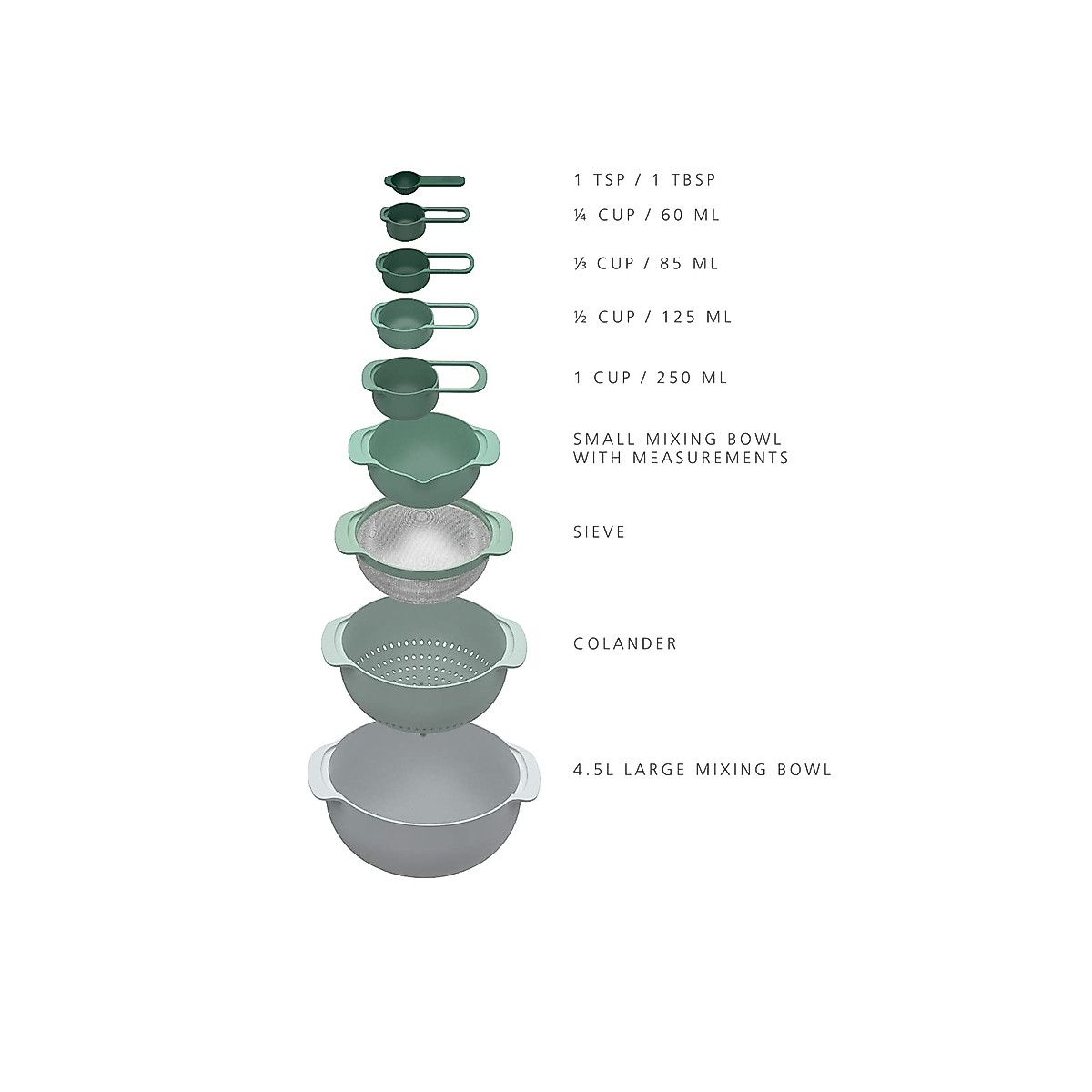 Joseph Joseph Nest 9 Plus, 9 Piece Compact Food Preparation Set with Mixing Bowls, Measuring cups, Sieve and Colander, Editions Range, Polypropylene, Stainless steel, Sage Green