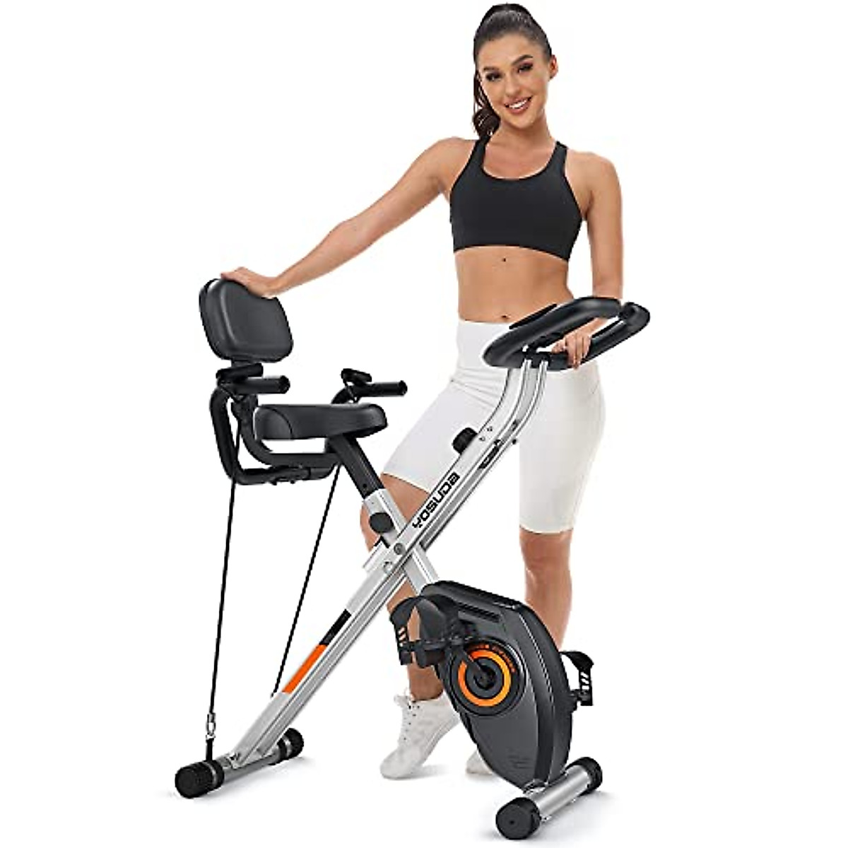 YOSUDA Exercise Bike, Folding Exercise Bike for Seniors 330LB/270LB Capacity, Magnetic X-Bike with 16-Level Resistance, Back Support Cushion for Home Gym Workout