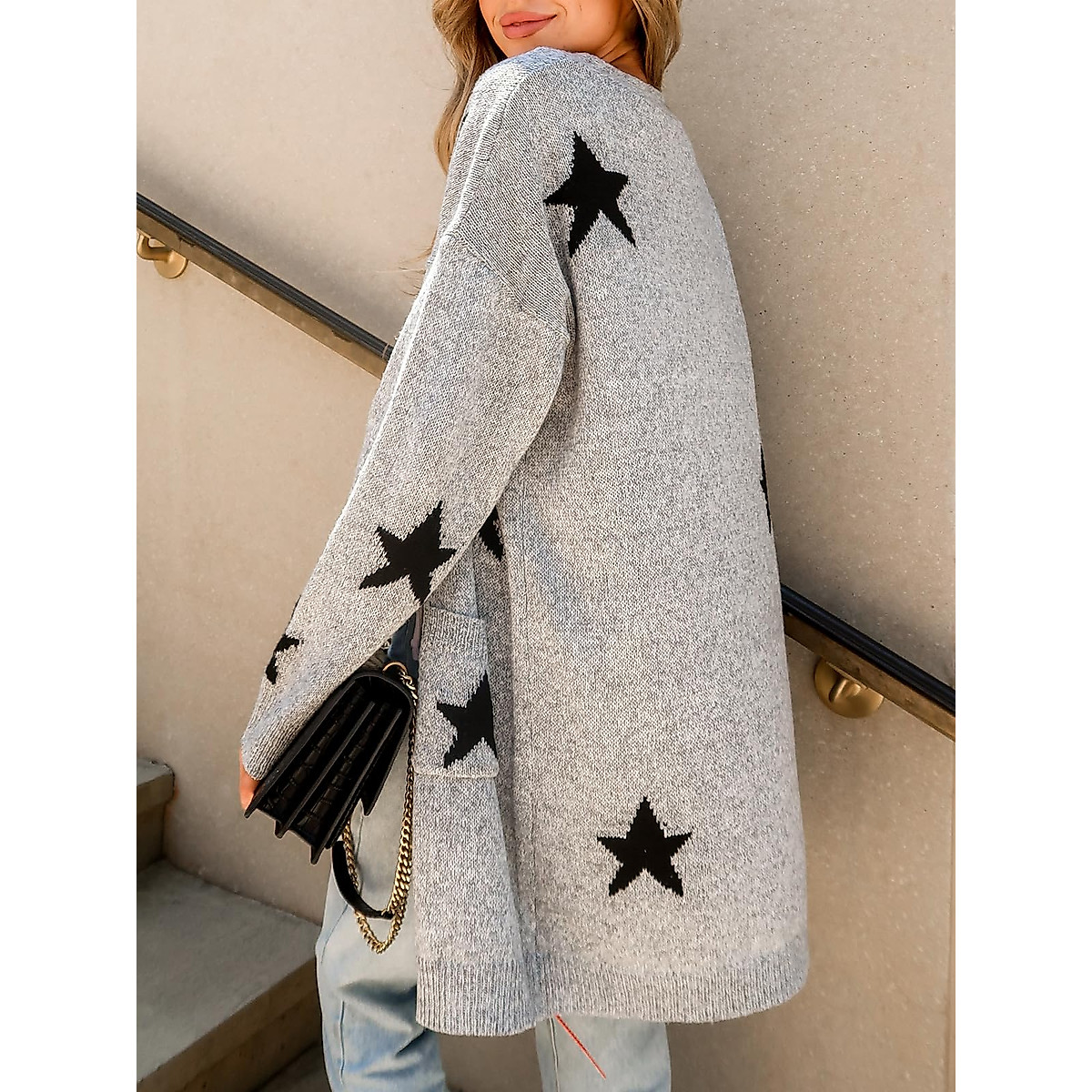 CUPSHE Womens 2024 Fall Open Front Long Sleeve Star Print Knit Cardigan Sweaters Outwear with Pockets Grey, XL