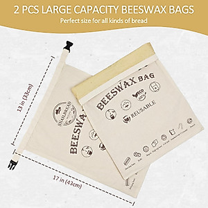SNAILBREAD Reusable Bread Bags for Homemade Bread: 2 PCS Cotton Beeswax Bread Storage Bags for Keeping Sourdough Bread Loaf Fresh, Beeswax Bread Container 13x17in