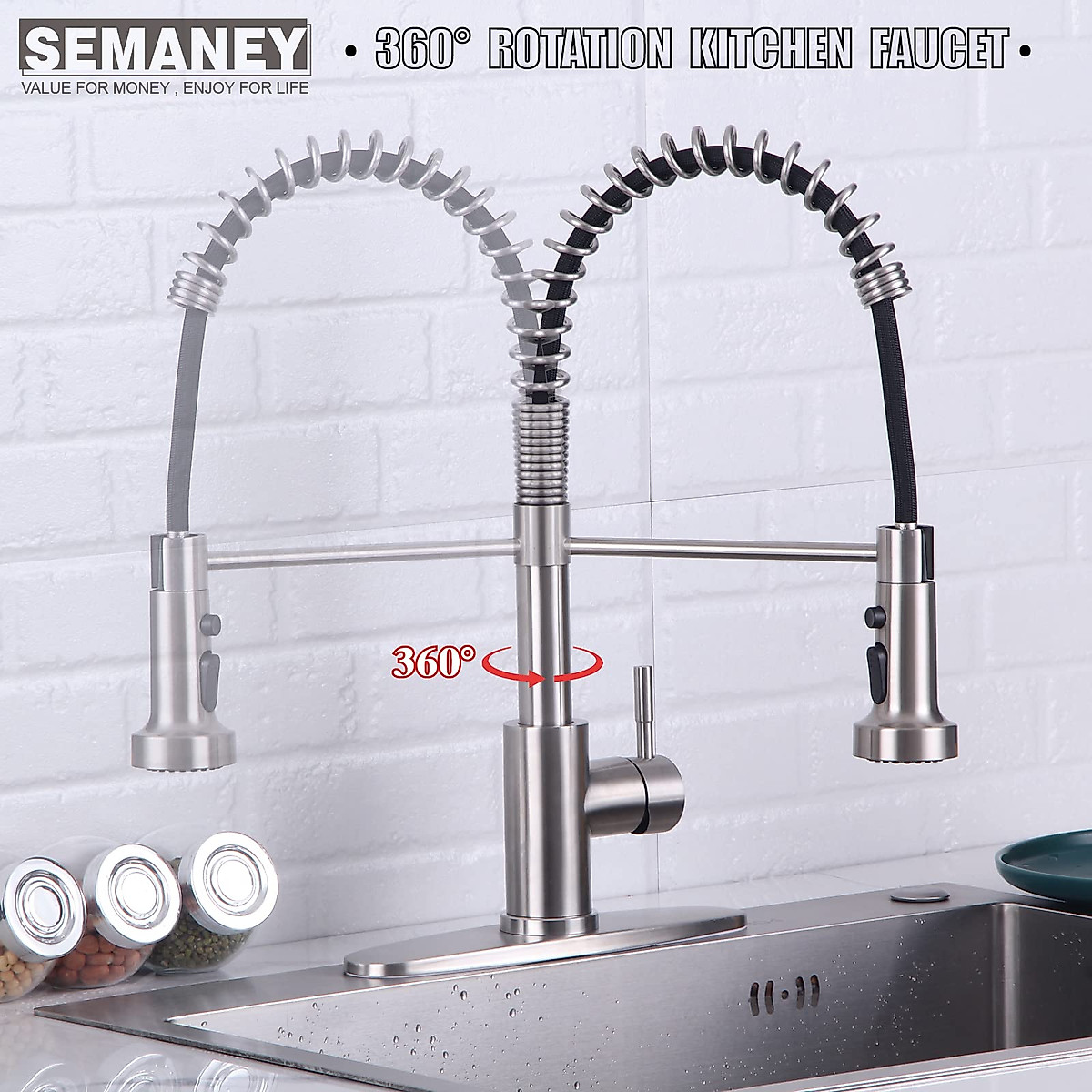 SEMANEY Kitchen Faucets, Brushed Nickel Stainless Steel Single Handle Sink Faucets with Pull Out Sprayer, Pull Down Kitchen Faucet with 10'' Deck Plate to Cover 1 or 3 Holes