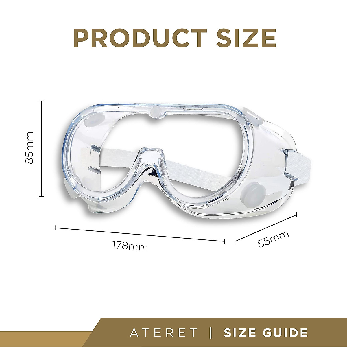 ATERET 1 Pack Safety Goggles, Lightweight Adjustable Clear Lens Eyewear, Chemical Splash Safety Glasses