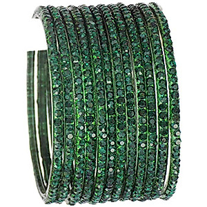 JD'Z COLLECTION Indian Bangles For Women Bollywood Glass Bangles Bridal Ethnic Jewelry Set Costume Matching Wedding Designer CZ Stone Jewellery Bangle Bracelets Set Of 12 (Dark Green, 2.4)