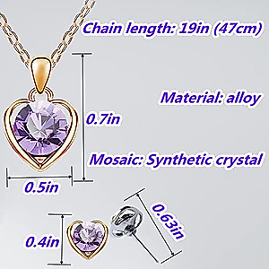 MZLYQ 3pcs Crystal Heart Pendant Necklace Earrings Bracelet Set Hypoallergenic Purple Love Heart Pendant Jewelry for Women Teen Girls Daughter Gifts(purple)