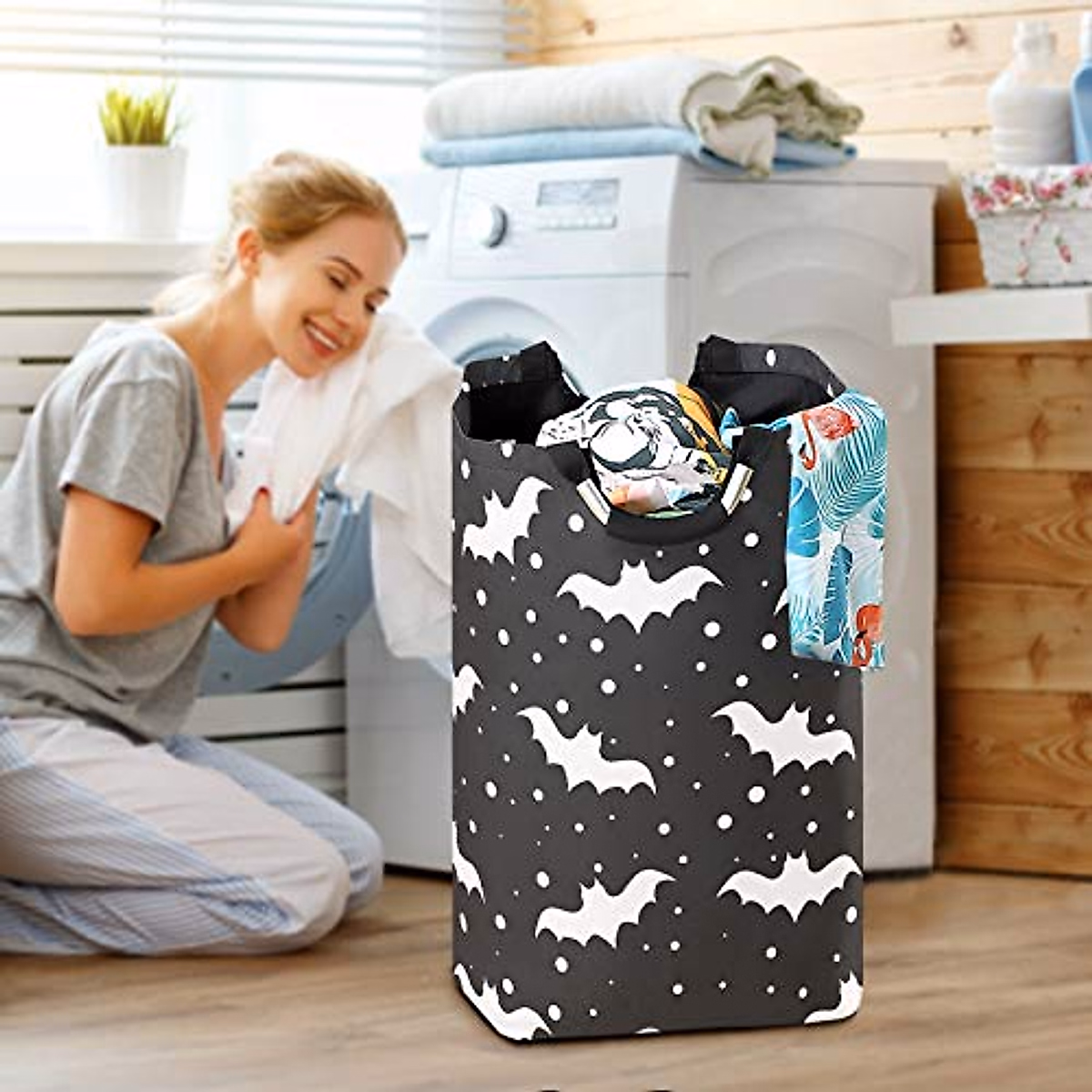 Kaariok Halloween Bats Black White Polka Dots Laundry Hamper with Handles Waterproof Collapsible Storage Basket Large Dirty Clothes Bin for Laundry Room, 22.7 Inches