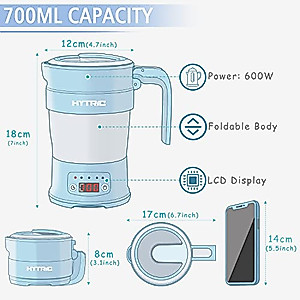 HYTRIC Travel Electric Kettle, 700ML Foldable Small Electric Kettle BPA-Free, Portable Electric Kettle with Multifunctional Panel, Collapsible Hot Water Kettle with Keep Warm & Delay Start, 110V Blue