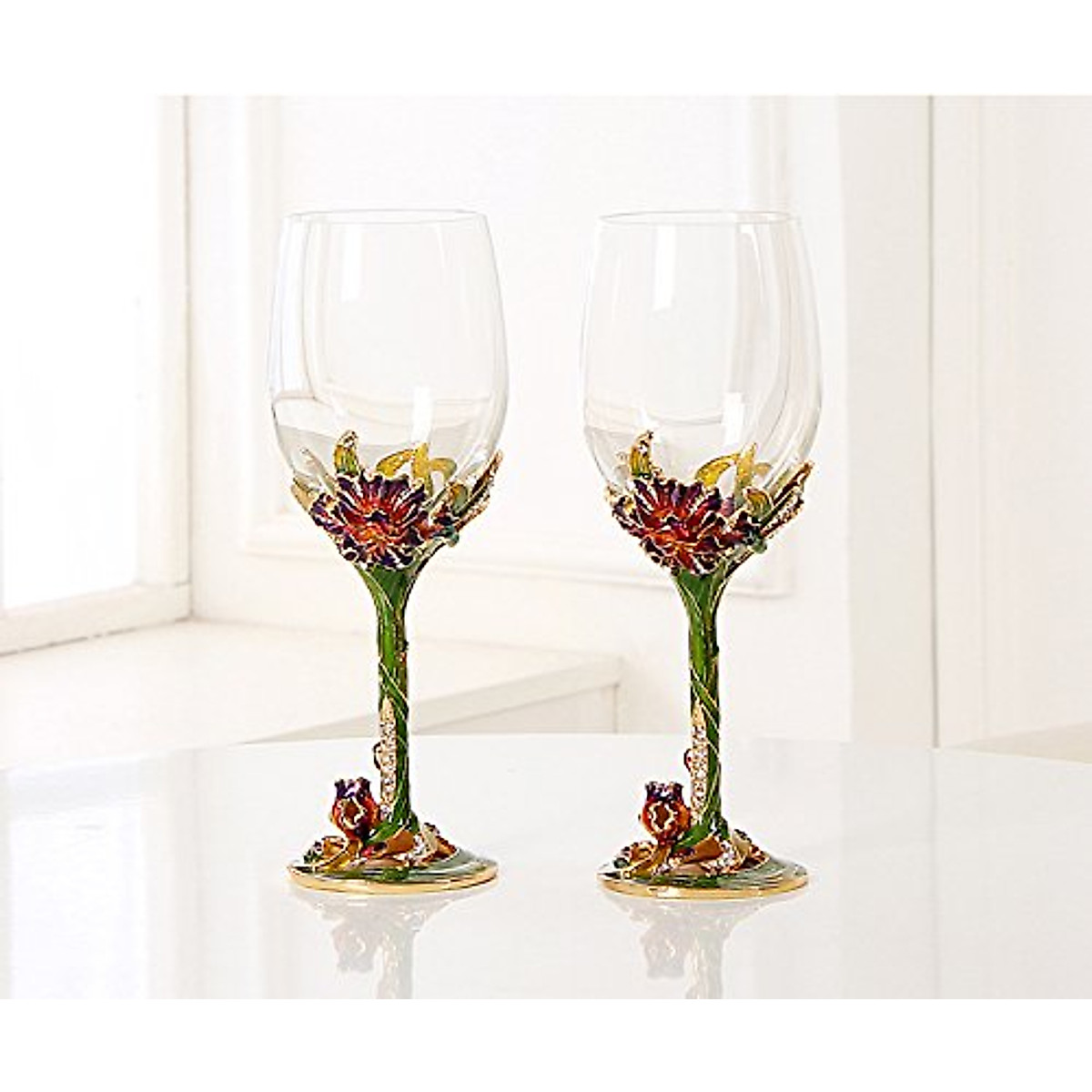 Bestbling Dragonfly Enamel Handcraft Artisan Painted Wine Glass Gift, Set of 2