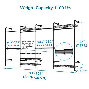 Timate F4 Wall Mounted Clothes Rack Industrial Pipe Clothing Rack for Hanging Clothes, Expandable Garment Rack Heavy Duty Wardrobe Closet Organizer and Storage, Black Adjustable Industrial Closet Kit