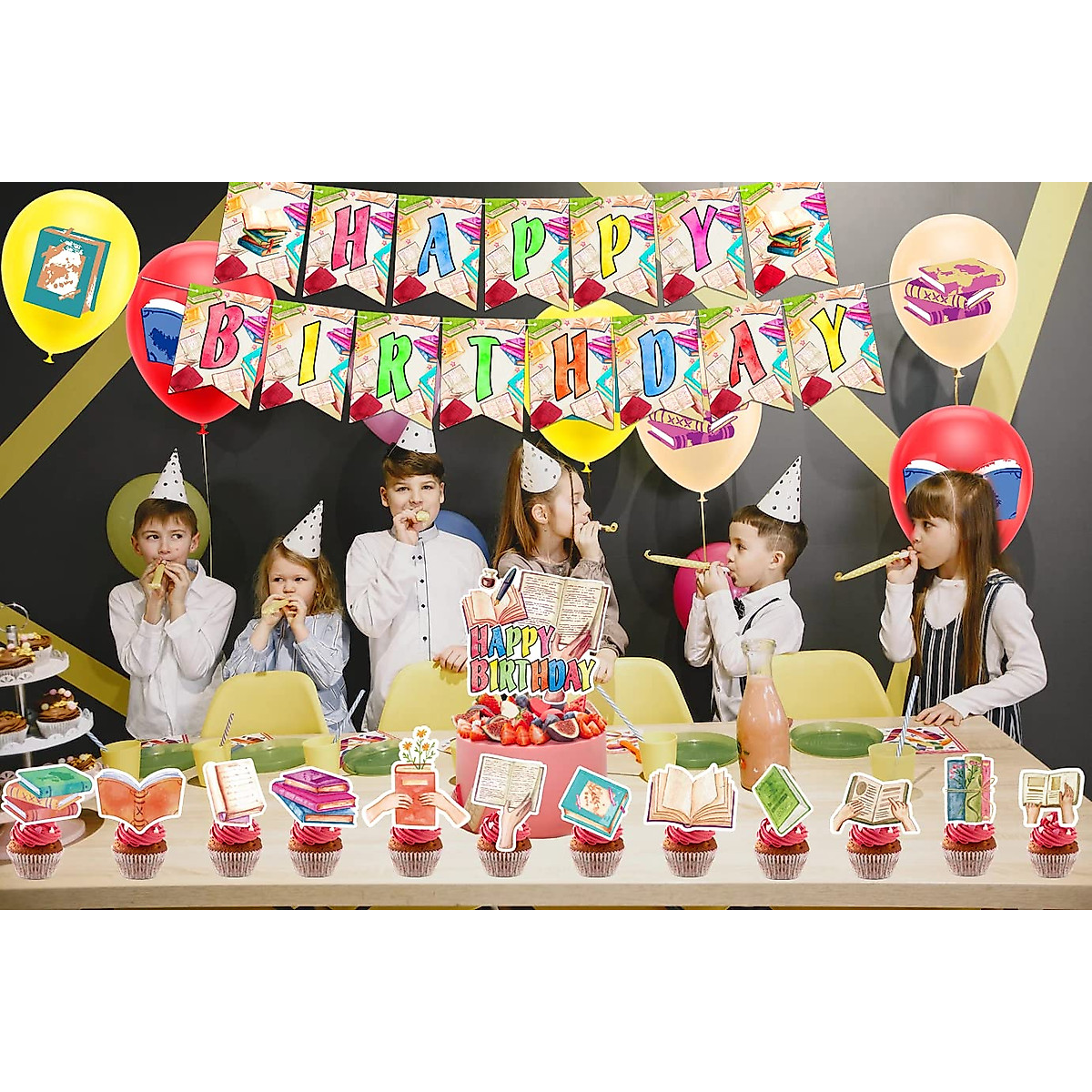 Books Party Decorations Book Club Birthday Party Supplies Includes Book Happy Birthday Banner Cake Topper Cupcake Toppers Balloons for Library Party Decorations