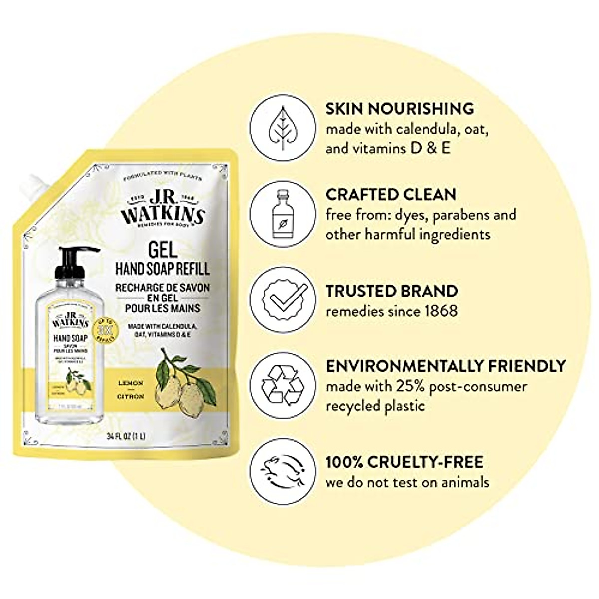 J.R. Watkins Gel Hand Soap Refill Pouch, Scented Liquid Hand Wash for Bathroom or Kitchen, USA Made and Cruelty Free, 34 fl oz, Lemon, 6 Pack