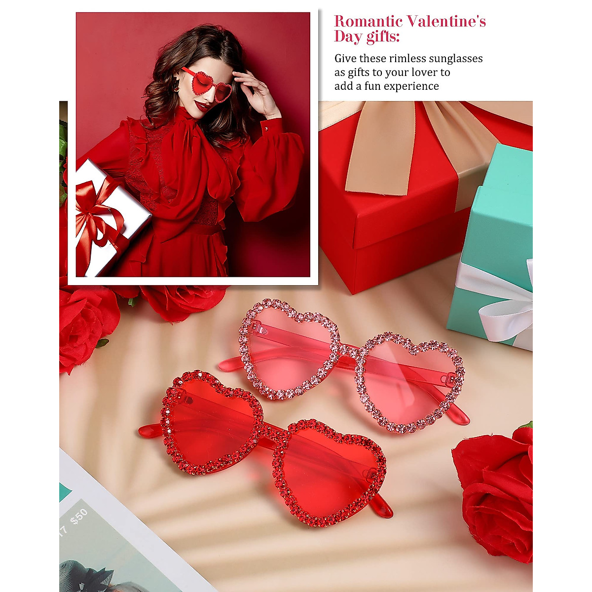 TOODOO 2 Pairs Rhinestone Heart Sunglasses Heart Shape Rimless Sunglasses for Women Transparent Heart Glasses (Pink, Red)