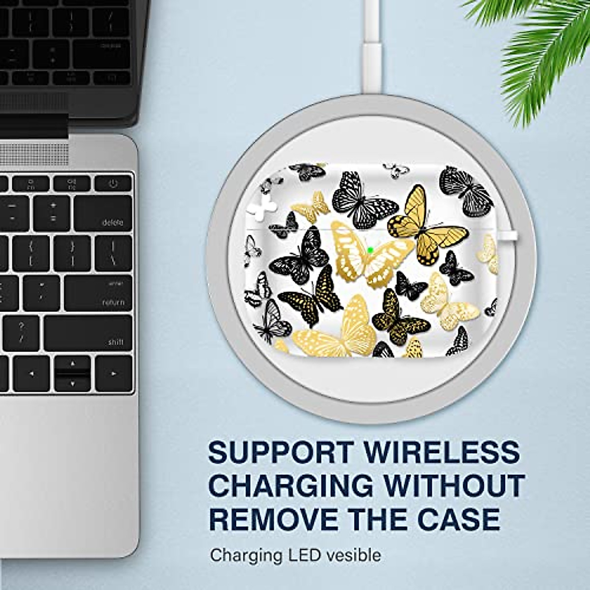 Youskin Airpods Pro Case Cute Airpods Pro Case Cover Clear Soft TPU Flexible Apple Airpods Pro Charging Case with Keychain for Women Girls，Golden Butterfly