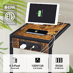 Set of 2 C Shaped End Table with Charging Station, Snack Side Table with Table with USB Ports & Power Outlets, C Tables for Couch, Couch Tables That Slide Under, for Living Room, Bedroom, Brown