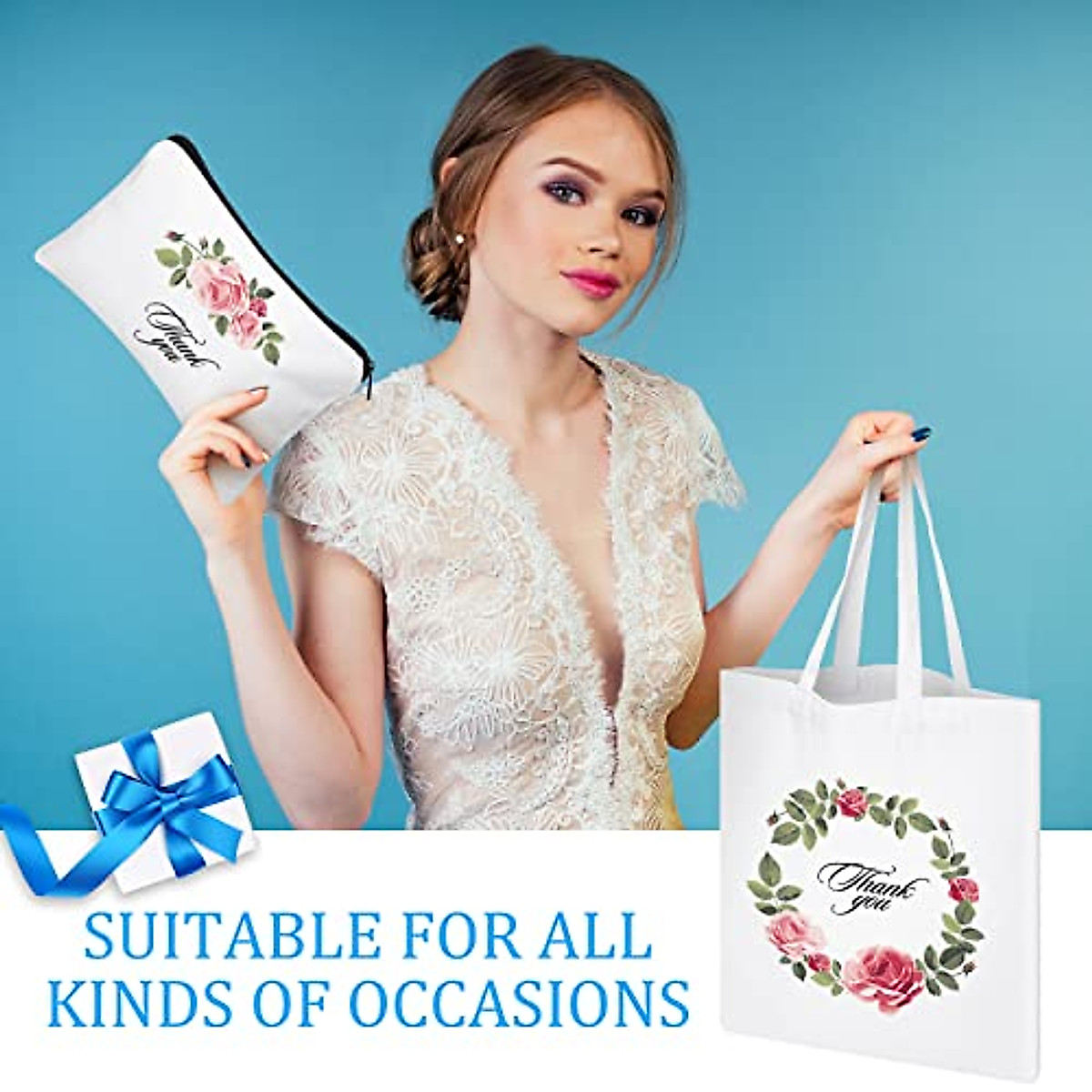 12 Pcs Blank DIY Craft Bag Bulk Canvas Pencil Case Makeup Bags Canvas Zipper Pouch Cosmetic Bag and Canvas Tote Bag DIY Canvas Shopping Bags Reusable Grocery Bag for Christmas Craft Advertising Gift