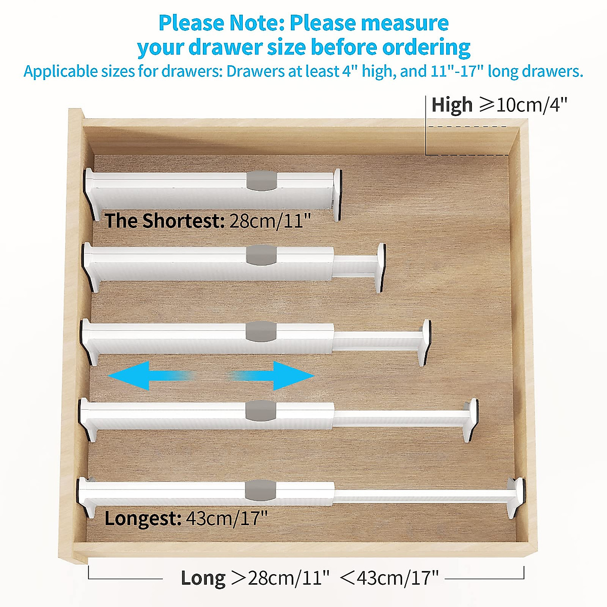 ACDRIME Drawer Dividers Organizer 5 Pack, Expandable Drawer Divider with 8 Inserts, Kitchen Drawer Organizer, for Bedroom, Kitchen & Office Organizer and Storage - Expandable from 11-17", 4" High