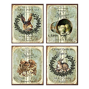 Vintage French Hotel Bunny Spring Wall Art Decor (Set of Four) Paris Decoration Prints