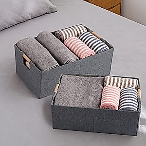 LaMorée Fabric Storage Bin Box Foldable Cotton Linen Storage Basket with Wooden Handles Rectangular Cube Decorative Home Nursery Laundry Organizer Clothes Blanket Container – Gray, Small