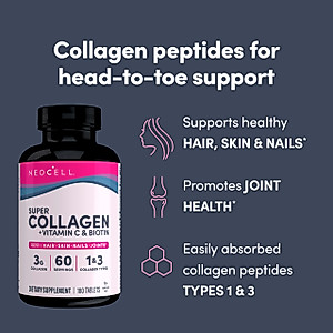 NeoCell Super Collagen With Vitamin C and Biotin, Skin, Hair and Nails Supplement, Includes Antioxidants, Tablet, 180 Count, 1 Bottle