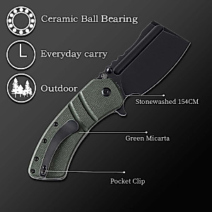 KANSEPT Pocket Knives XL Korvid Cleaver Style, Pocket Knife 3.55'' Black TiCn Coated 154CM Blade Pocket Folding Knife with Green Micarta Handle EDC Folding Knife T1030B4