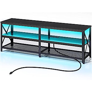 Rolanstar TV Stand with Led Lights & Power Outlets for 32/40/45/55/60/65/70 inch TVs, Entertainment Center with Open Storage, TV Table, 3-Tier Television Stands for Living Room, Black