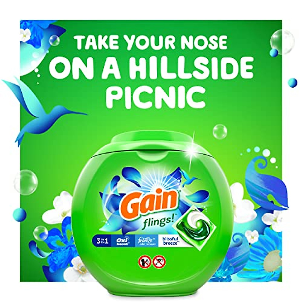 Gain flings! Laundry Detergent Soap Pacs HE Compatible 60 Count Long Lasting Scent Blissful Breeze Scent